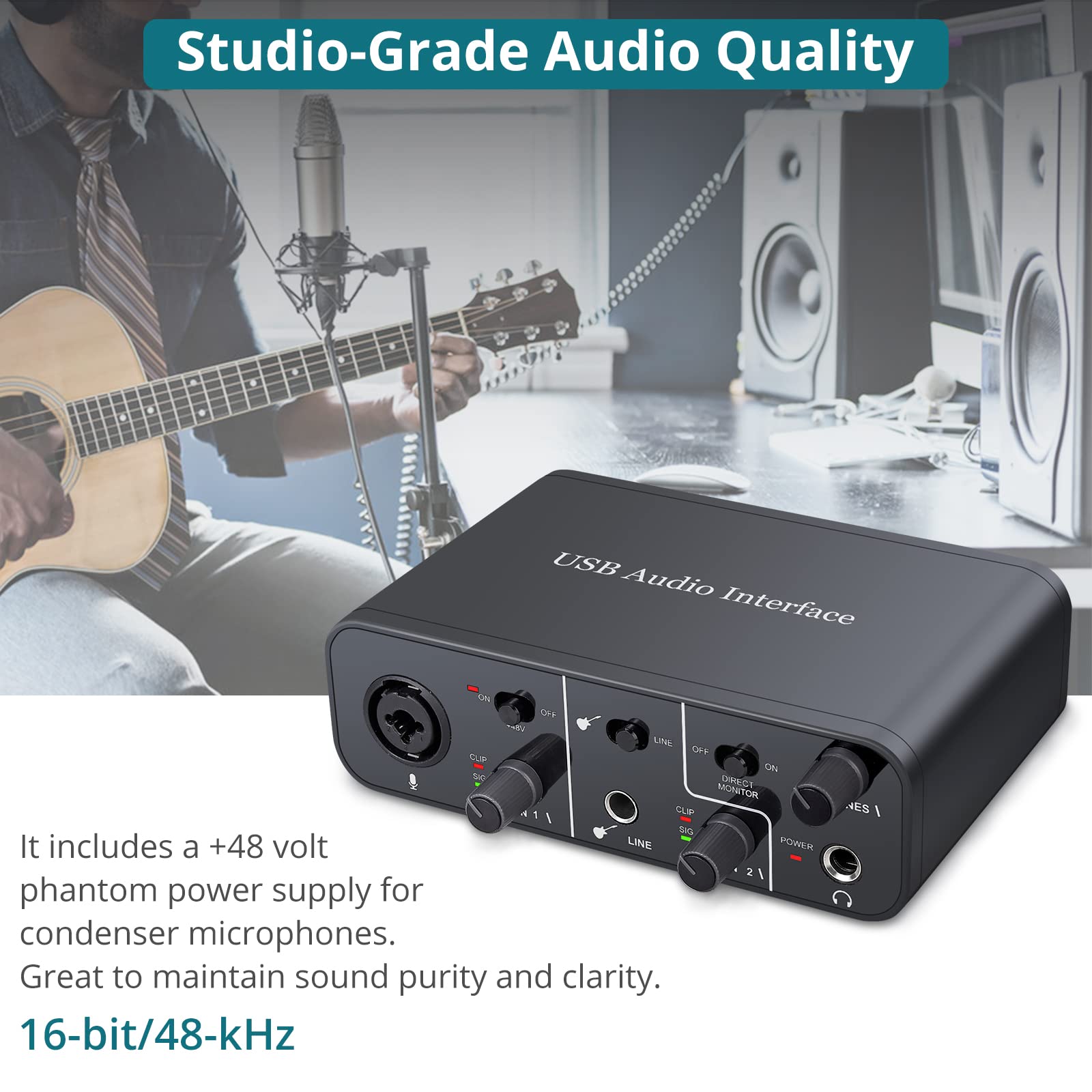 USB Audio Interface 2 In 2 Out with 48V Phantom Power,YGiTK USB-C Audio Interface for PC/Win/Mac Recording, Streaming and Podcasting, Audio Box (Microphone Cable Included)