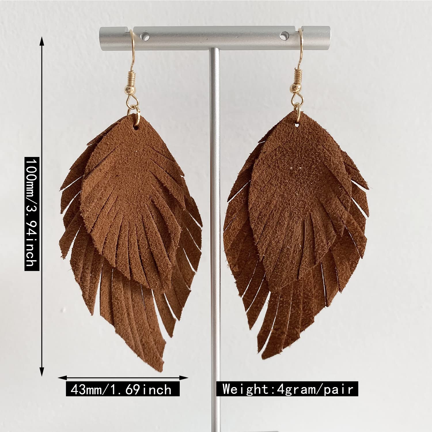 JIUIQL Handmade Bohemian Large Soft Genuine Leather Fringe Double Feather Lightweight Color PU Leaf Drop Dangle Earrings for Women Fashion Jewelry Gifts (Brown)