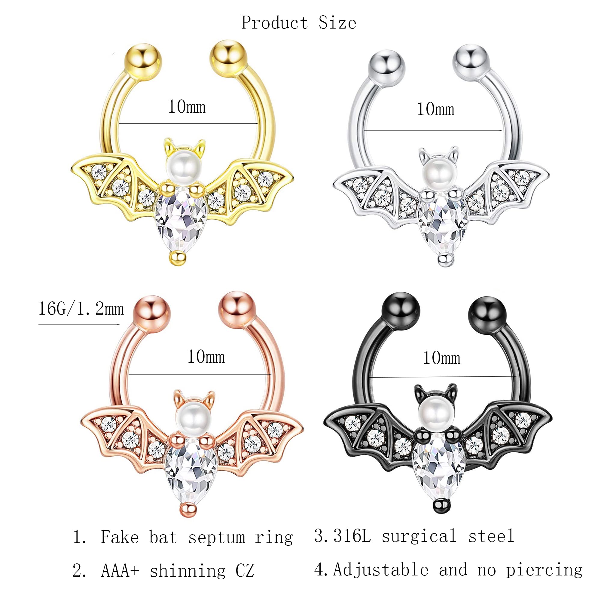 EVISPOL 4Pcs 16G Fake Septum Nose Rings for Women Men, Stainless Steel Faux Bat Septum Ring Clip On Septum Jewelry CZ Nose Cuffs Non Piered Nose Piercing Jewelry-4Pcs-Bat-Colors