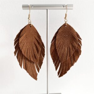 JIUIQL Handmade Bohemian Large Soft Genuine Leather Fringe Double Feather Lightweight Color PU Leaf Drop Dangle Earrings for Women Fashion Jewelry Gifts (Brown)