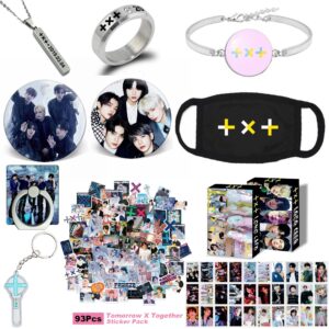 wgeeey female kpop txt gifts set, txt photocard, stickers, bracelet, face shield, rings, pendant necklace, button pin, phone ring holder, keychain