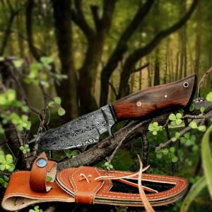 Handmade Hunting Knife Bushcraft Fixed Blade Knife Damascus Steel Survival Knife Fix Blade Knife Camping Knife EDC 10'' Overall Rose Wood With Leather Sheath