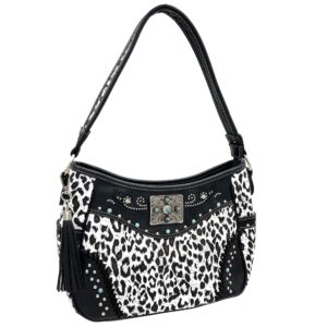 Leopard Animal Print Concealed Carry Feather Concho Country Vintage Western Handbag Hobo Purse (Leopard Black)