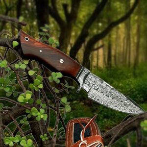 Handmade Hunting Knife Bushcraft Fixed Blade Knife Damascus Steel Survival Knife Fix Blade Knife Camping Knife EDC 10'' Overall Rose Wood With Leather Sheath