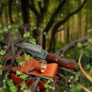 Handmade Hunting Knife Bushcraft Fixed Blade Knife Damascus Steel Survival Knife Fix Blade Knife Camping Knife EDC 10'' Overall Rose Wood With Leather Sheath