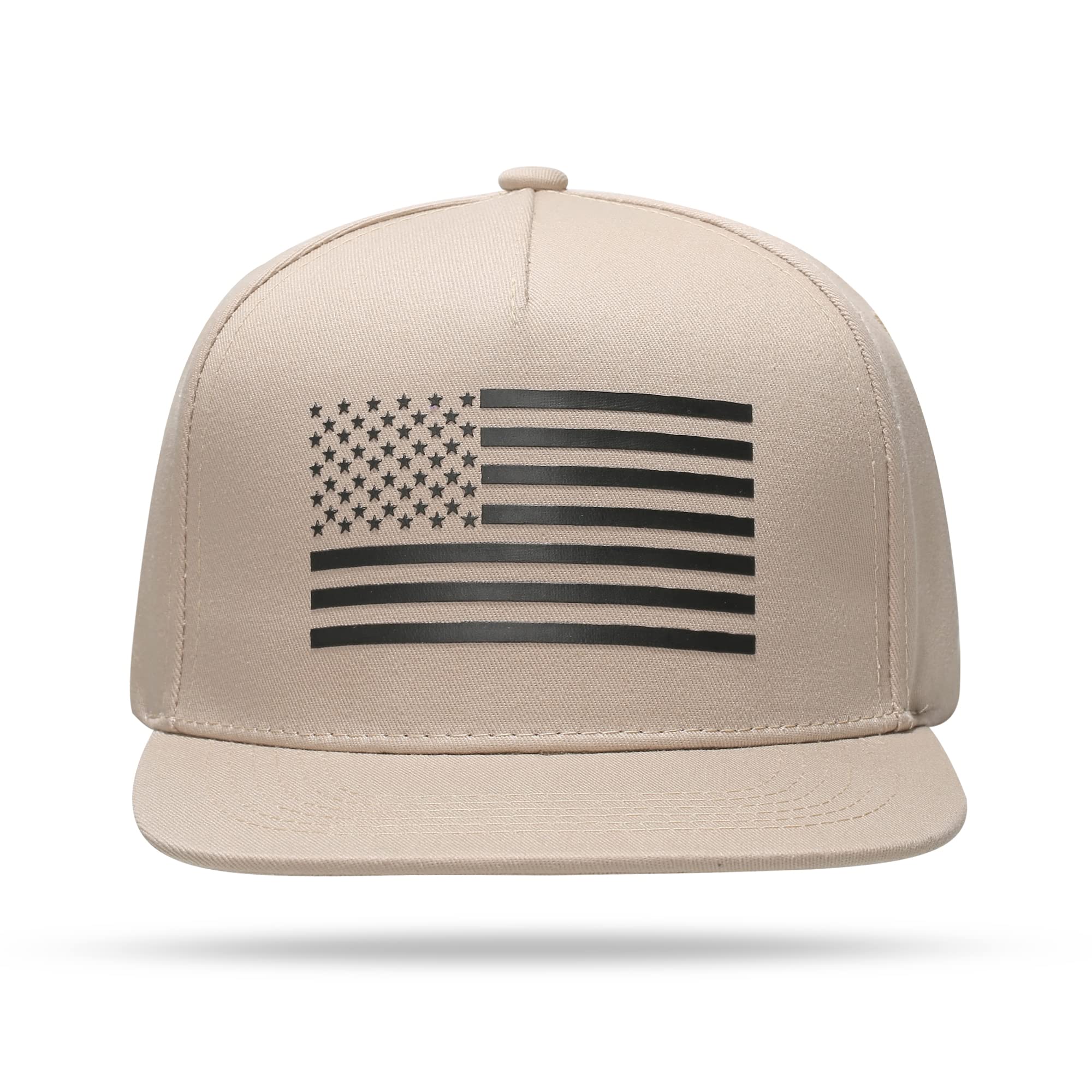 UALON Baseball Cap, Snapback Trucker Hat for Men & Women with American Flag and Adjustable, Breathable Mesh, Flat Bill Hats Khaki