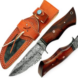 handmade hunting knife bushcraft fixed blade knife damascus steel survival knife fix blade knife camping knife edc 10'' overall rose wood with leather sheath