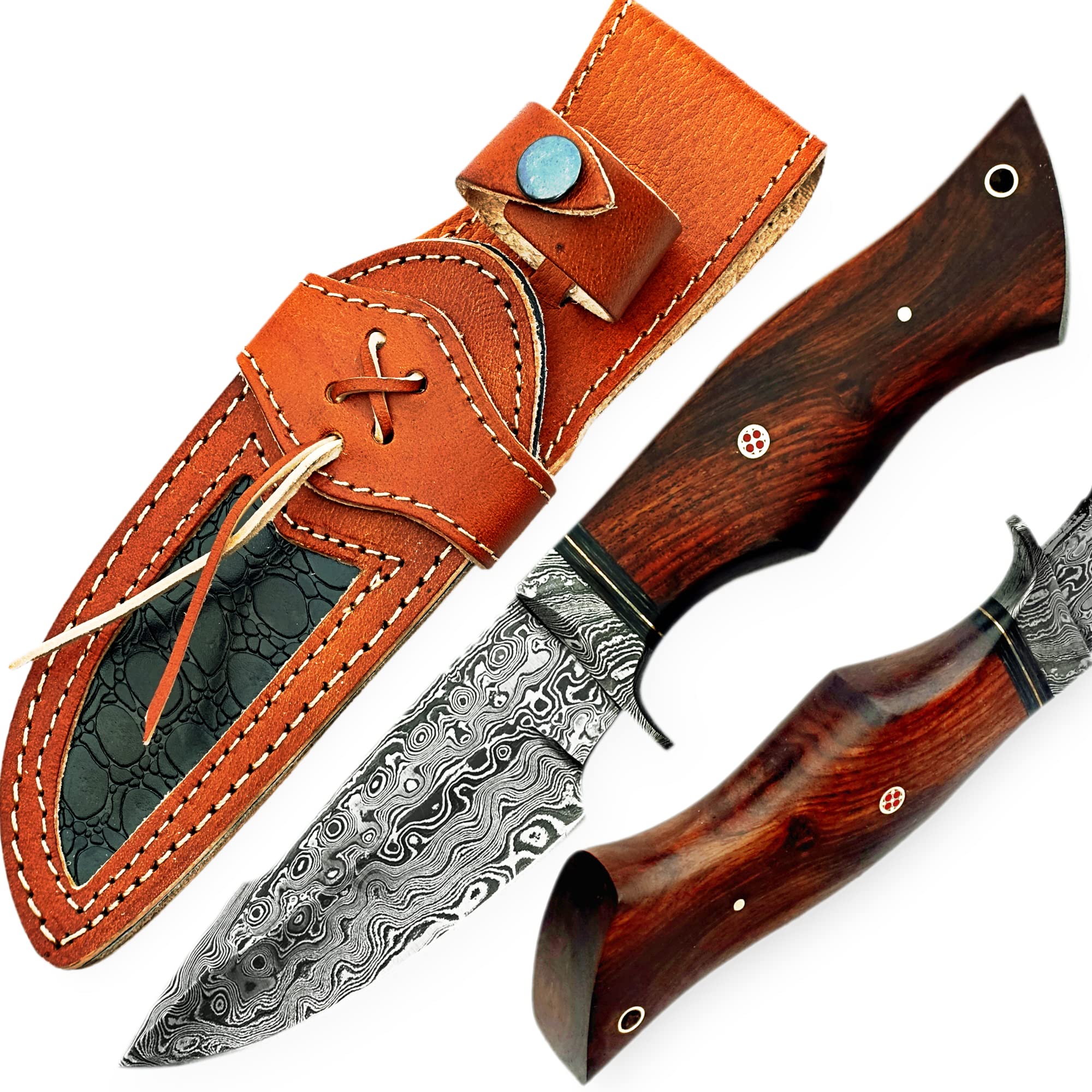 Handmade Hunting Knife Bushcraft Fixed Blade Knife Damascus Steel Survival Knife Fix Blade Knife Camping Knife EDC 10'' Overall Rose Wood With Leather Sheath