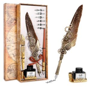 quill pen calligraphy pen set - antique mechanical steampunk style -mechanical design feather pen with wooden dip pen for fun writing experience. quill pen ink set is a basic calligraphy kit.(grey)