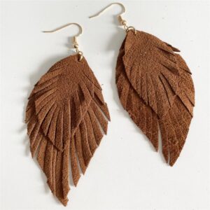 JIUIQL Handmade Bohemian Large Soft Genuine Leather Fringe Double Feather Lightweight Color PU Leaf Drop Dangle Earrings for Women Fashion Jewelry Gifts (Brown)