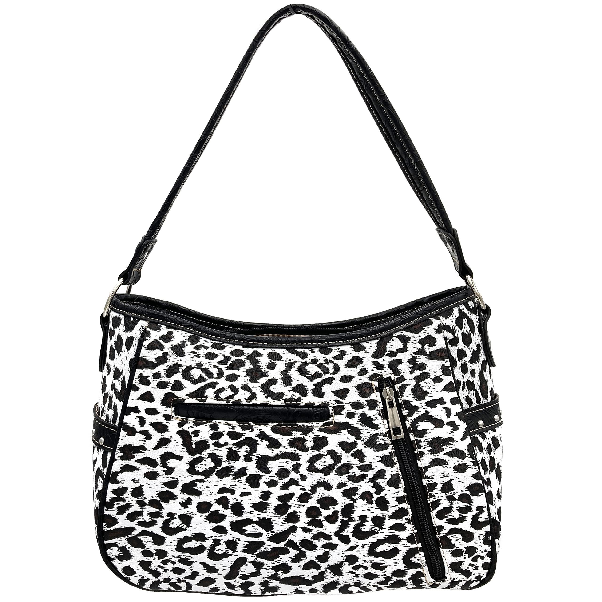 Leopard Animal Print Concealed Carry Feather Concho Country Vintage Western Handbag Hobo Purse (Leopard Black)