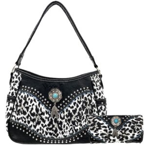 leopard animal print concealed carry feather concho country vintage western handbag hobo purse wallet set (snow leopard)