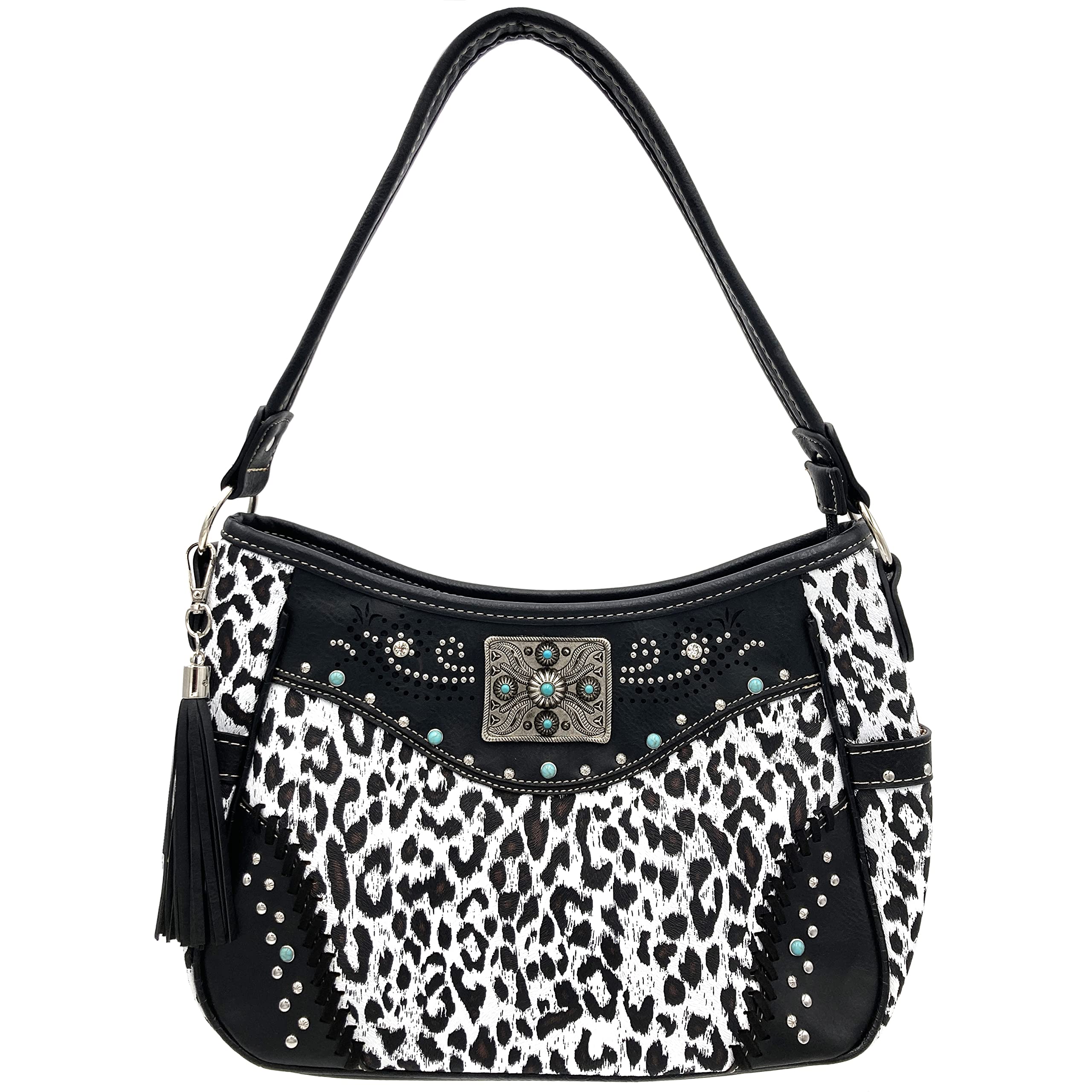 Leopard Animal Print Concealed Carry Feather Concho Country Vintage Western Handbag Hobo Purse (Leopard Black)