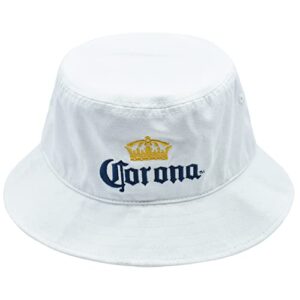 corona extra bucket hat with embroidered logo, packable travel sun hat, wide brim cap, white