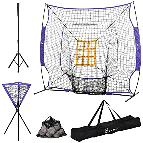 Soozier Baseball Practice Net Set with 7.5x7ft Catcher Net, Ball Caddy and Batting Tee, Portable Baseball Practice Equipment with Carry Bag for Hitting, Pitching, Batting, Catching, Purple