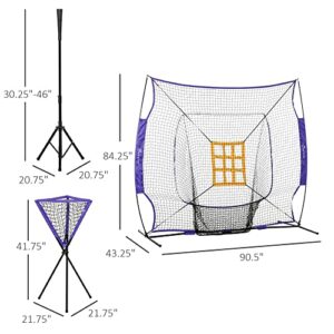 Soozier Baseball Practice Net Set with 7.5x7ft Catcher Net, Ball Caddy and Batting Tee, Portable Baseball Practice Equipment with Carry Bag for Hitting, Pitching, Batting, Catching, Purple