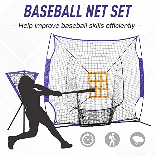 Soozier Baseball Practice Net Set with 7.5x7ft Catcher Net, Ball Caddy and Batting Tee, Portable Baseball Practice Equipment with Carry Bag for Hitting, Pitching, Batting, Catching, Purple