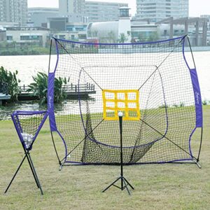 Soozier Baseball Practice Net Set with 7.5x7ft Catcher Net, Ball Caddy and Batting Tee, Portable Baseball Practice Equipment with Carry Bag for Hitting, Pitching, Batting, Catching, Purple