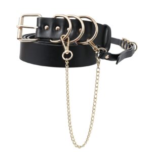 awaytr women leather punk waist belt - black pu leather adjustable ladies belts with gold and silver buckle (gold buckle)