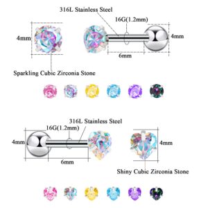 Stainless Steel CZ Cartilage Earrings for Women Men Girls Round Rainbow Quartz Cubic Zirconia Stud Earrings Set 20G 18G Black Conch Tragus Helix Piercing Stud 5Pairs (Silver Mix-1, 16G)