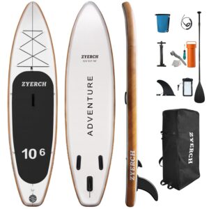 zyerch inflatable stand up paddle board with floating paddle, accessories of backpack, double-action hand pump, all-around sup for yoga,fishing,tour-10'6" (black)