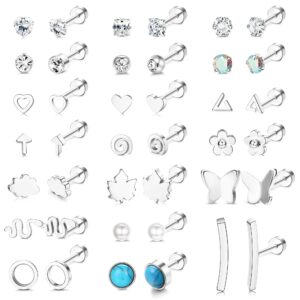 ubjuliwa 20 pairs 20g surgical steel stud earrings set for women men hypoallergenic flatback earrings piercing jewelry star moon flower heart leaf opal cartilage earrings