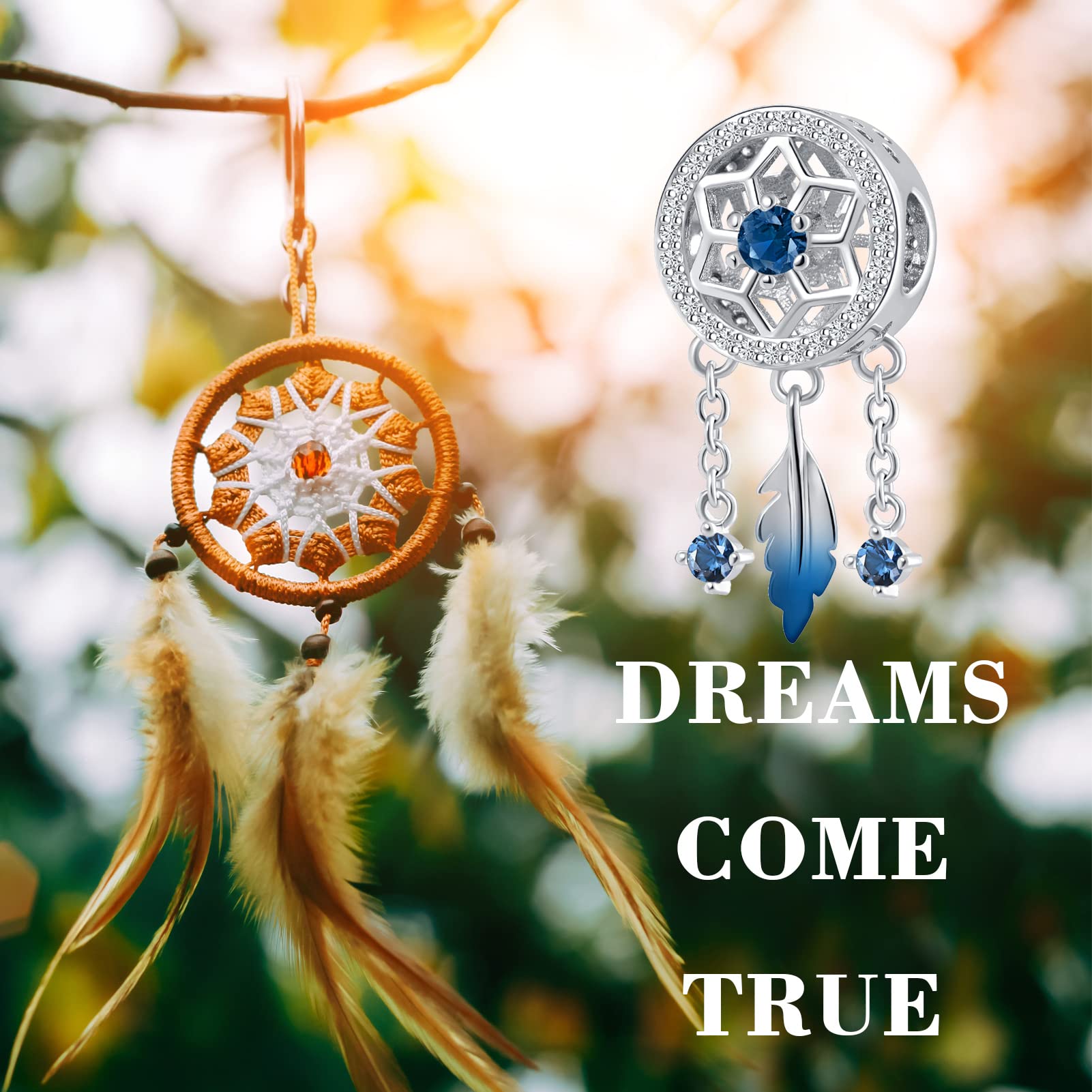 QeenseKc Blue Spiritual Dream Catcher Charm Three Feathers Bead for Pandora Bracelet