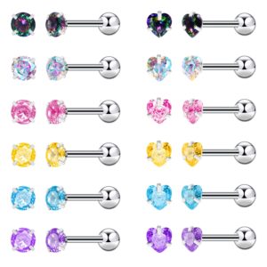 stainless steel cz cartilage earrings for women men girls round rainbow quartz cubic zirconia stud earrings set 20g 18g black conch tragus helix piercing stud 5pairs (silver mix-1, 16g)