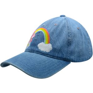 care bears dad hat, cheer bear rainbow design baseball cap with curved brim, denim, one size