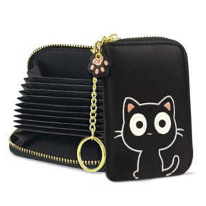 conisy cute card holder for women, rfid leather small credit card holder wallet with removable keychain wristlet (black cat)