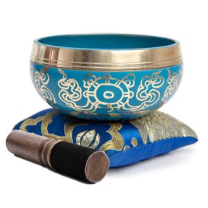 tibetan singing bowl set blue - easy to play for beginners - authentic handcrafted mindfulness meditation holistic sound 7 chakra healing gift by himalayan bazaar