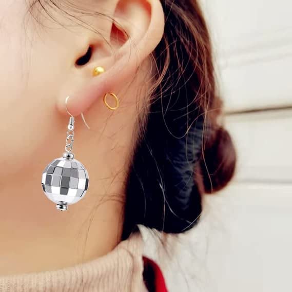 Disco Ball Earrings for Women, Silver Mirror Ball Earrings ,60's or 70's Silver Disco Ball Earrings for Women's Costume Accessories