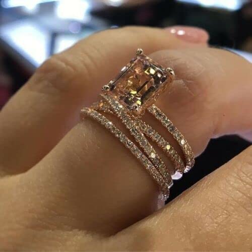 SUKKCCNO 3Pcs Rose Gold Plated Sparkling Women Fashion 925 Silver Natural Morganite Ring Wedding Jewelry Rings Set Three-in-One (6)