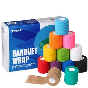 bandvet wrap self adhesive bandage wrap - pack of 12 assorted colors, non-woven, breathable & water-resistant vet wrap for first aid, sports injury, body sprains, & pets (2 inch multicolor - 12 pack)