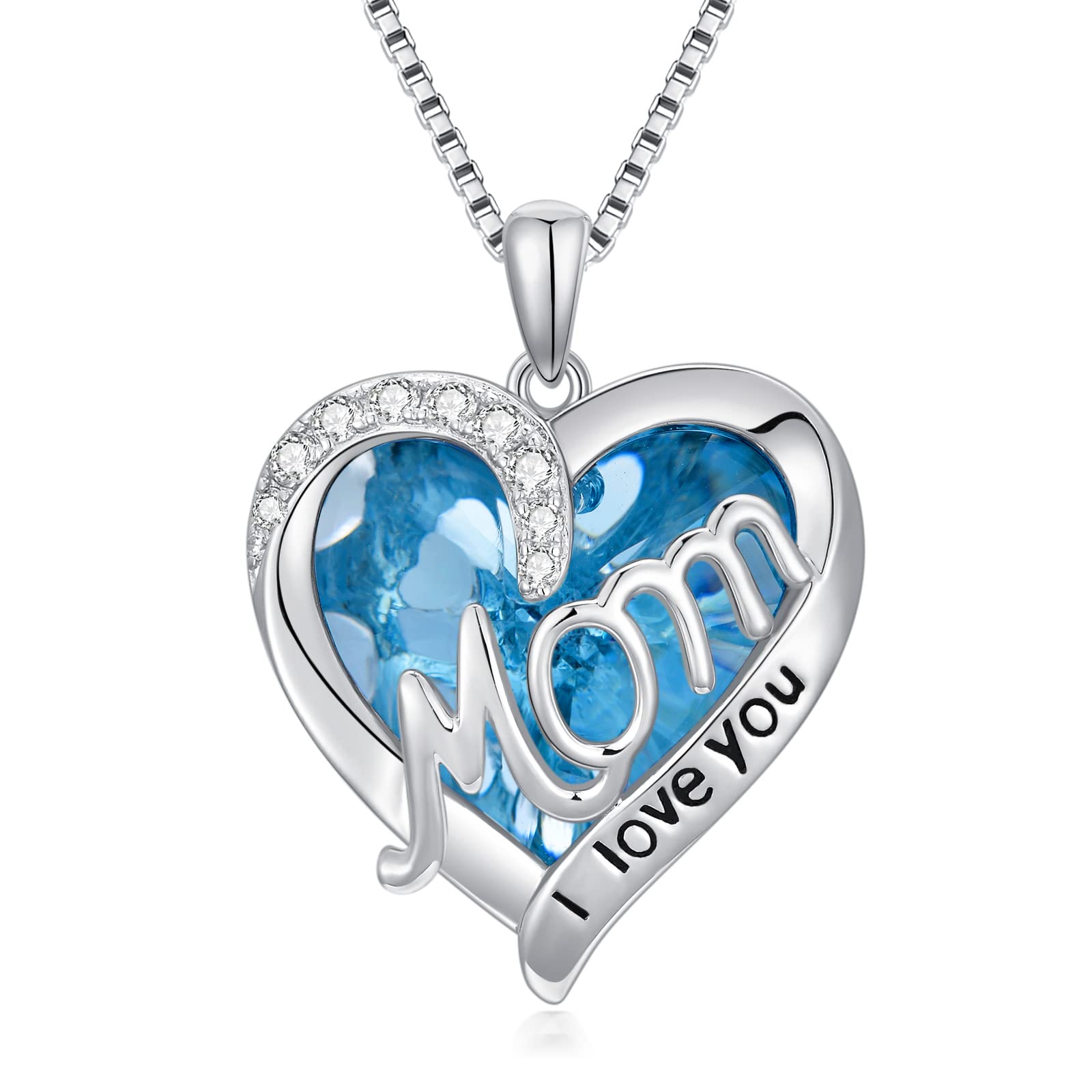 TOUPOP Mom Necklace for Women with Crystal March Birthstone s925 Sterling Silver I Love You Forever Heart Pendant Necklace Birthday Jewelry Gifts for Mama Mother Grandma