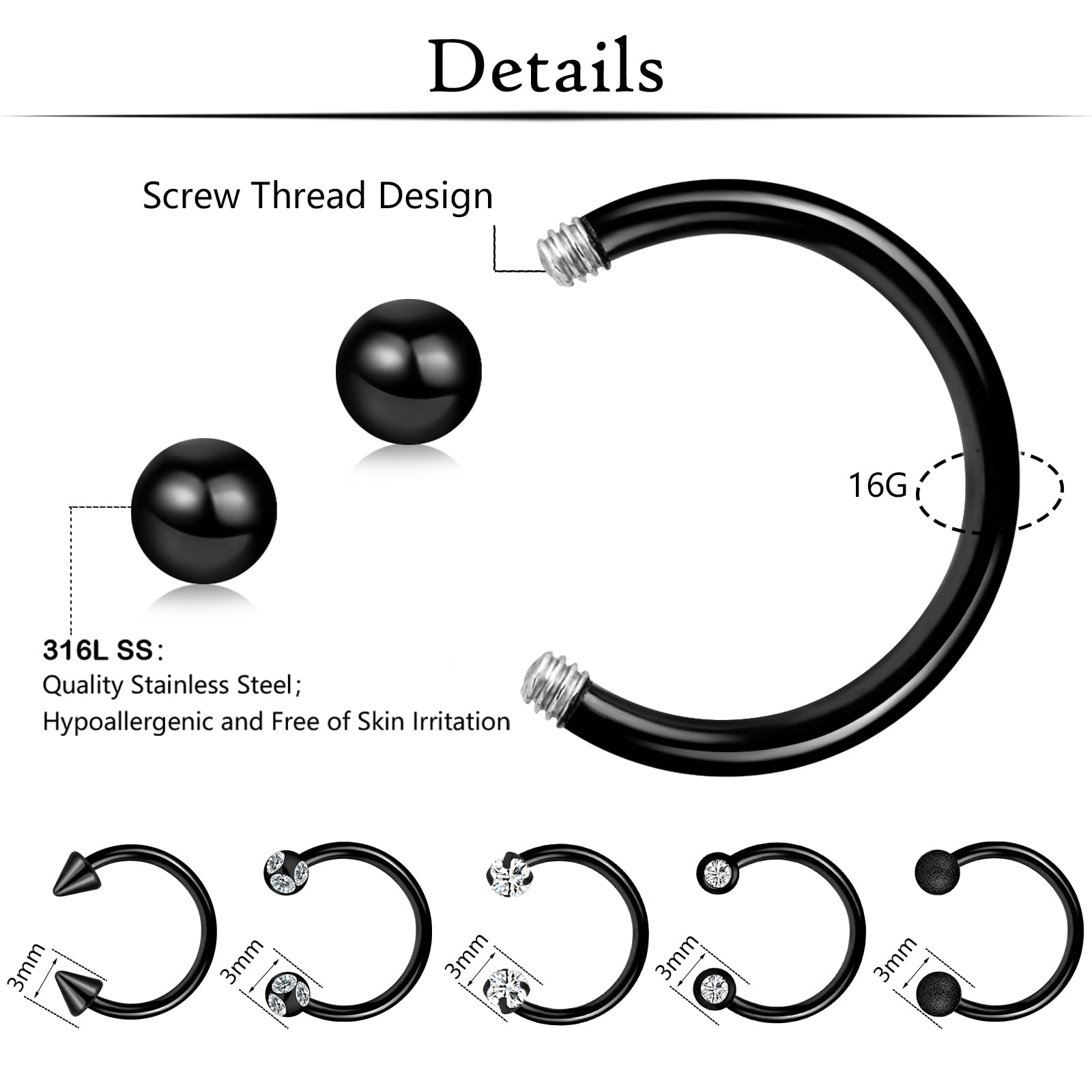 ONESING 16Pcs Black Septum Rings 16G Surgical Steel Septum Jewelry Black Septum Nose Ring Septum Horseshoe Septum Piercing Jewelry Helix Tragus Earring Lip Black Nose Hoop Body Piercing Jewelry