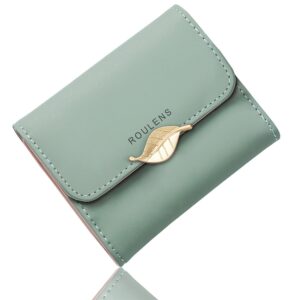 roulens small wallet for women rfid blocking pu leather leaf pendant card holder organizer zipper coin purse