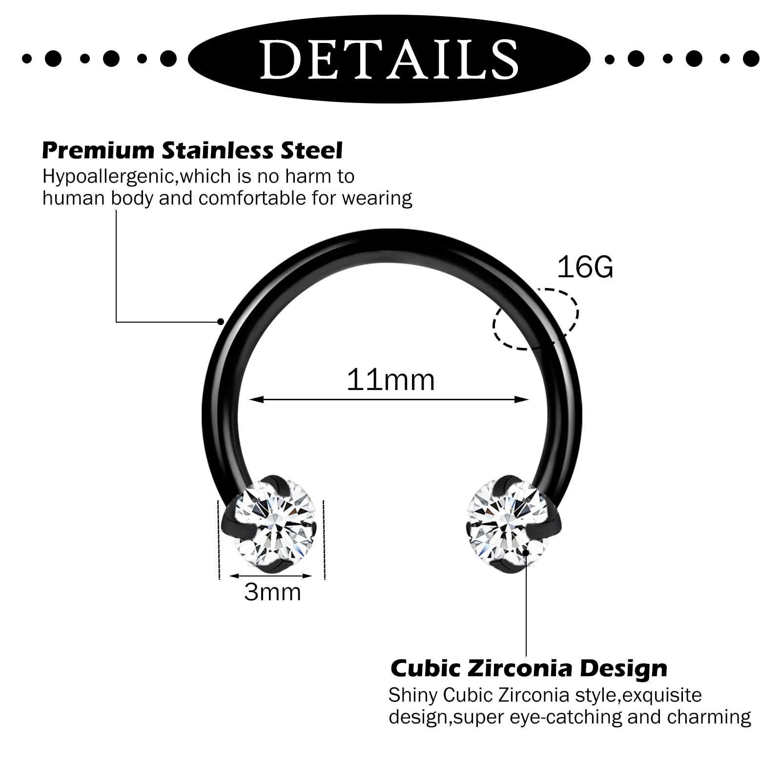 ONESING 16Pcs Black Septum Rings 16G Surgical Steel Septum Jewelry Black Septum Nose Ring Septum Horseshoe Septum Piercing Jewelry Helix Tragus Earring Lip Black Nose Hoop Body Piercing Jewelry