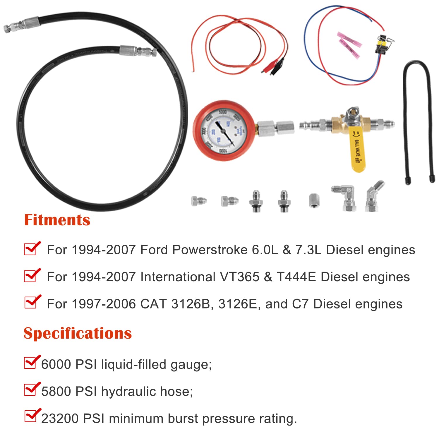 Camoo Hpop Test Tool High Pressure & Air Leak Test Gauge Tool Kit for 1994-2007 Ford 6.0L & 7.3L Powerstroke F250 F350 Dual Purpose Test Tool