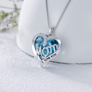 TOUPOP Mom Necklace for Women with Crystal March Birthstone s925 Sterling Silver I Love You Forever Heart Pendant Necklace Birthday Jewelry Gifts for Mama Mother Grandma