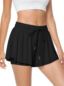 tarse womens 2 in 1 flowy workout shorts casual drawstring high waist running athletic shorts comfy summer skirt(black,l)