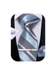 dibangu mens striped tie silk woven necktie and pocket square cufflinks tie clip set wedding business formal gift tie for men, sky blue and grey