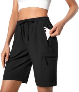 women's lightweight hiking cargo shorts quick dry athletic shorts for camping travel golf with zipper pockets water resistant black