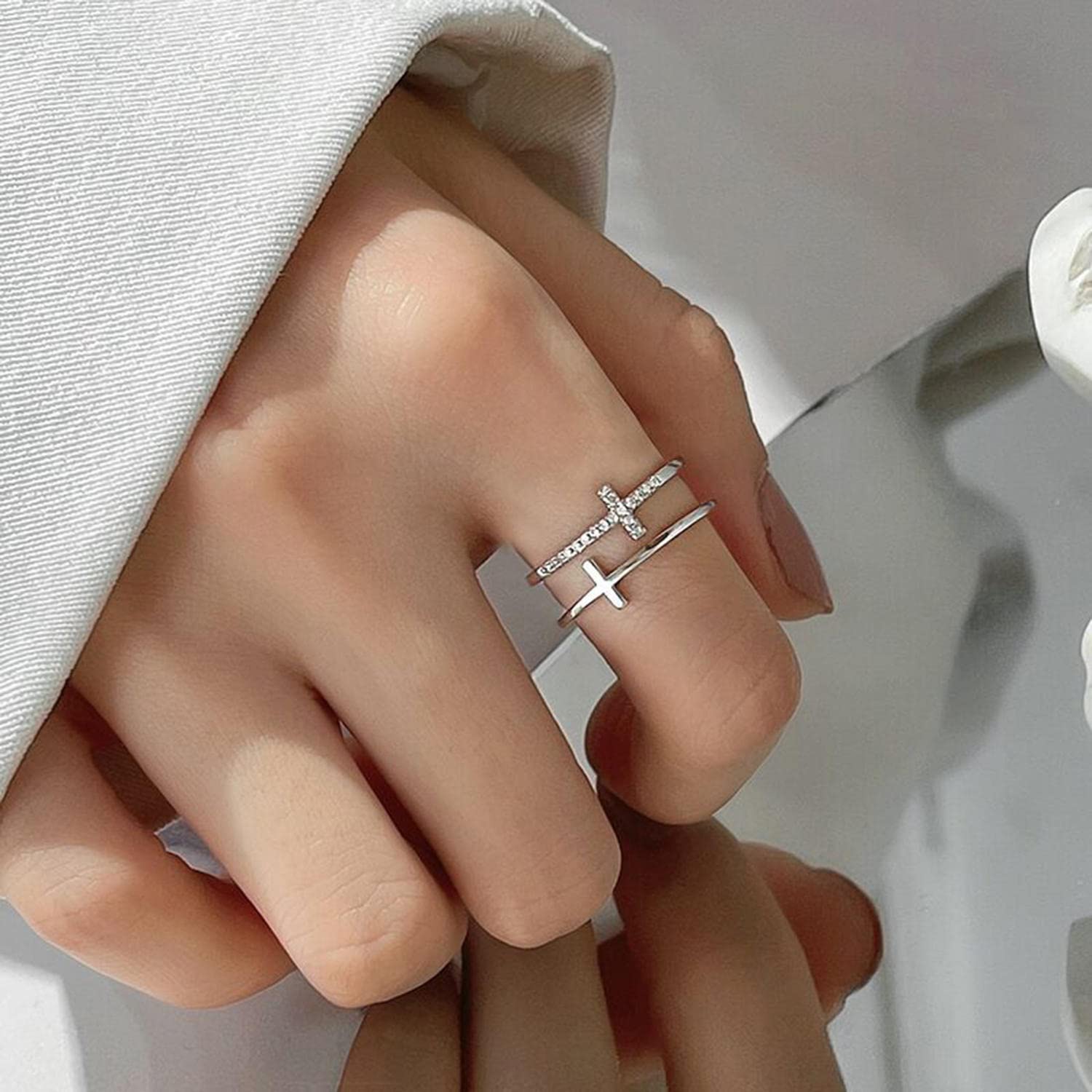 JINYISI Zircon Ring,Simple Double Layer Cross Open Ring,Double-Layer Crystal Finger Rings Stackable,Cubic Zirconia 925 Sterling Silver Ring,Adjustable For Women Bling Jewelry, Color