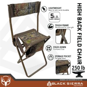 Black Sierra Folding Hunting Stool w/Under Seat Storage Pouch and Carry Strap, Lightweight Portable Hunt Chair w/Backrest, Heavy-Duty Steel Frame Supports 250 LBS, for Hunting, Fishing