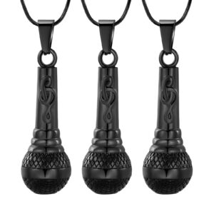 microphone cremation jewelry for ashes - memorial urn necklace ashes holder stainless steel keepsake pendant jewelry for music lover (3pcs-black)