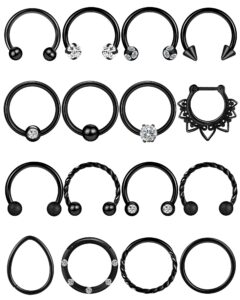 onesing 16pcs black septum rings 16g surgical steel septum jewelry black septum nose ring septum horseshoe septum piercing jewelry helix tragus earring lip black nose hoop body piercing jewelry