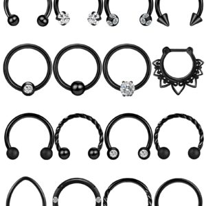 ONESING 16Pcs Black Septum Rings 16G Surgical Steel Septum Jewelry Black Septum Nose Ring Septum Horseshoe Septum Piercing Jewelry Helix Tragus Earring Lip Black Nose Hoop Body Piercing Jewelry