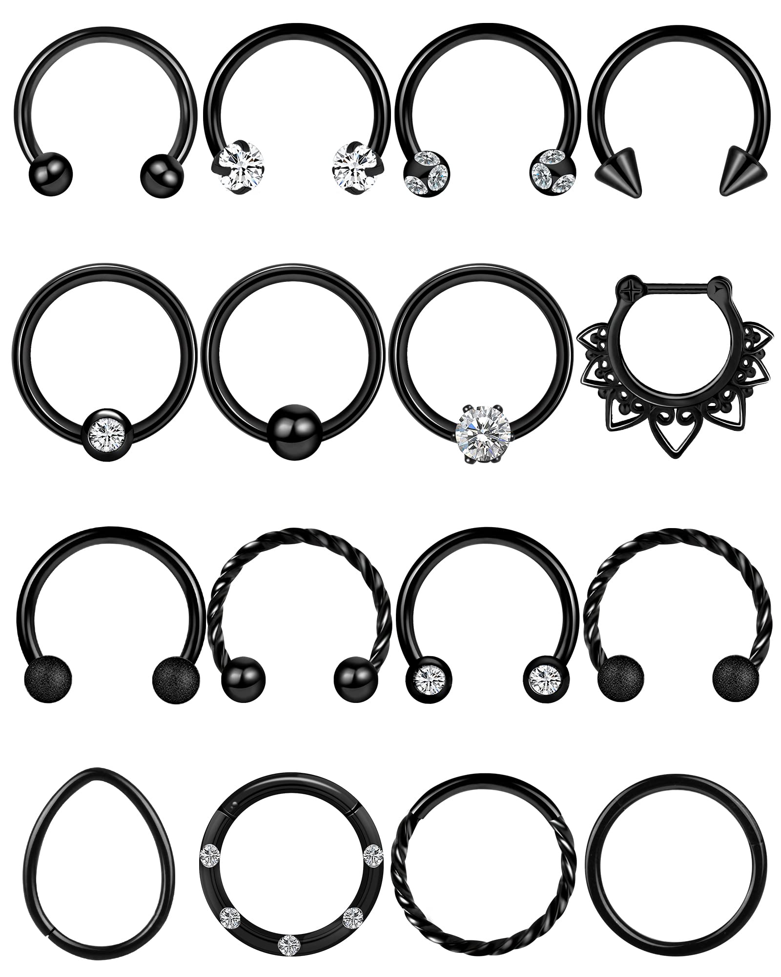 ONESING 16Pcs Black Septum Rings 16G Surgical Steel Septum Jewelry Black Septum Nose Ring Septum Horseshoe Septum Piercing Jewelry Helix Tragus Earring Lip Black Nose Hoop Body Piercing Jewelry