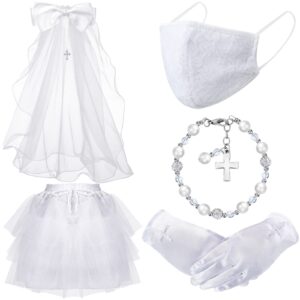 unittype 5 pcs first holy communion set for girls 1st communion accessories headpiece with veil gloves cross pearl bracelet, communion face cover elastic petticoat underskirt for kids party wedding